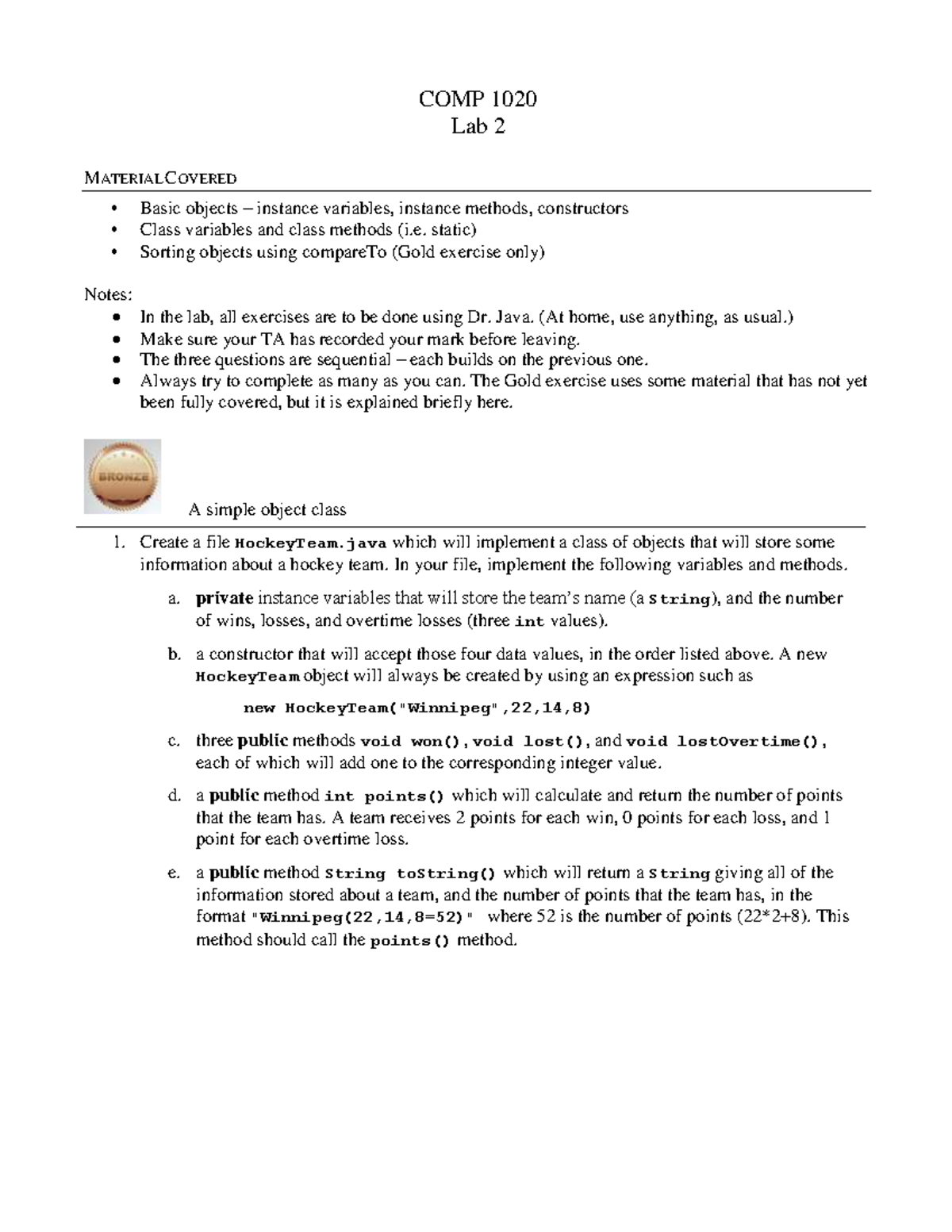 Lab 2 - Lab 2 - COMP 1020 Lab 2 MATERIAL COVERED Basic objects – instance variables, instance ...