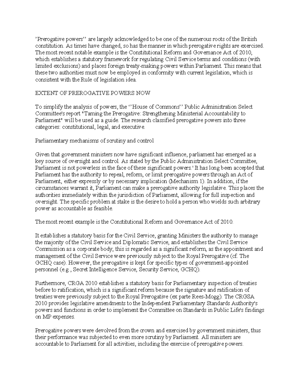 Royal prerogrative - essay - ’Prerogative powers’’ are largely ...