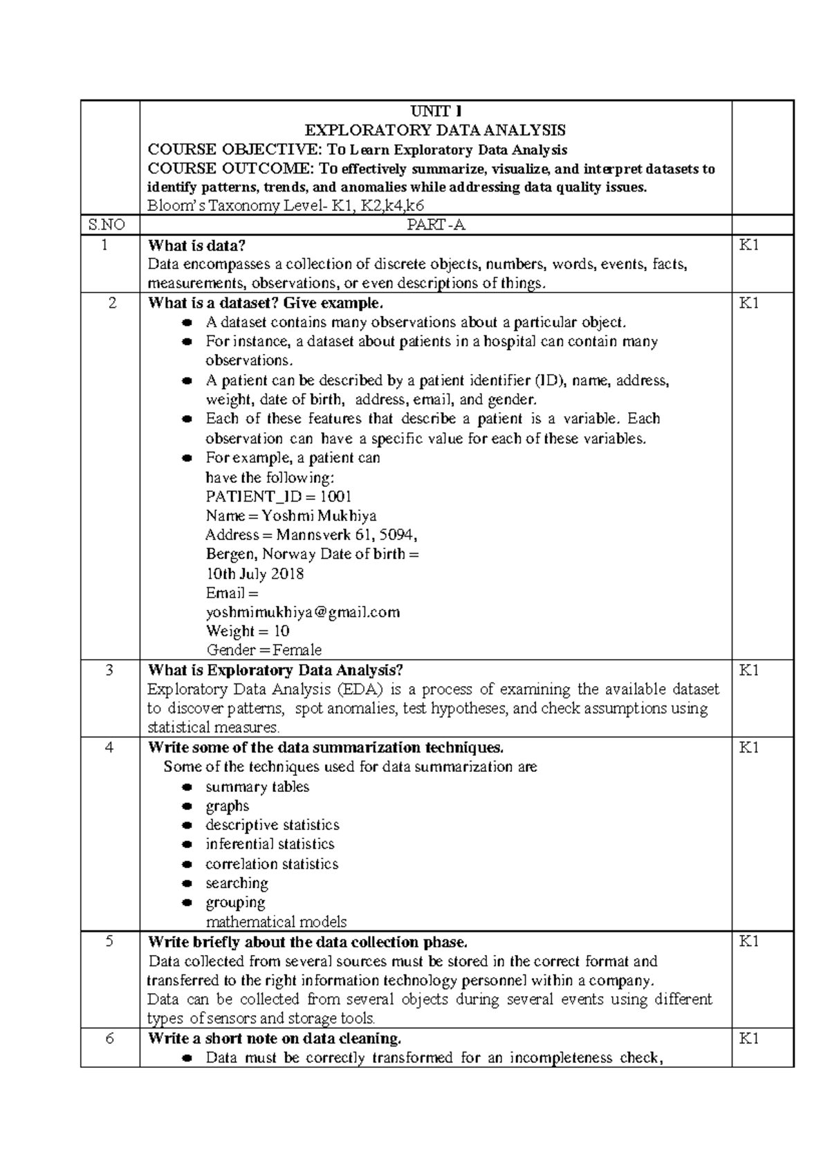 QB-DV - Notes - UNIT I EXPLORATORY DATA ANALYSIS COURSE OBJECTIVE: To ...