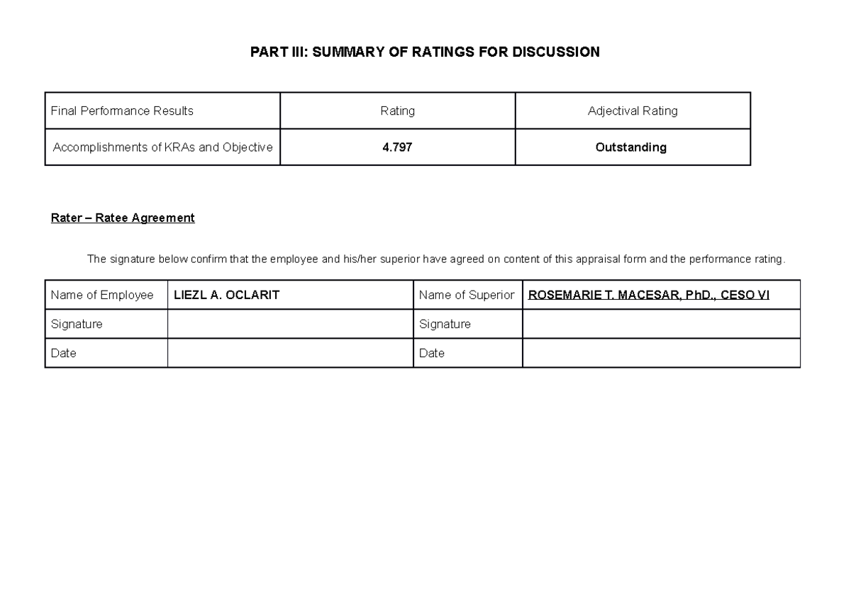 Opcrf PART III AND IV - NONE - PART III: SUMMARY OF RATINGS FOR ...