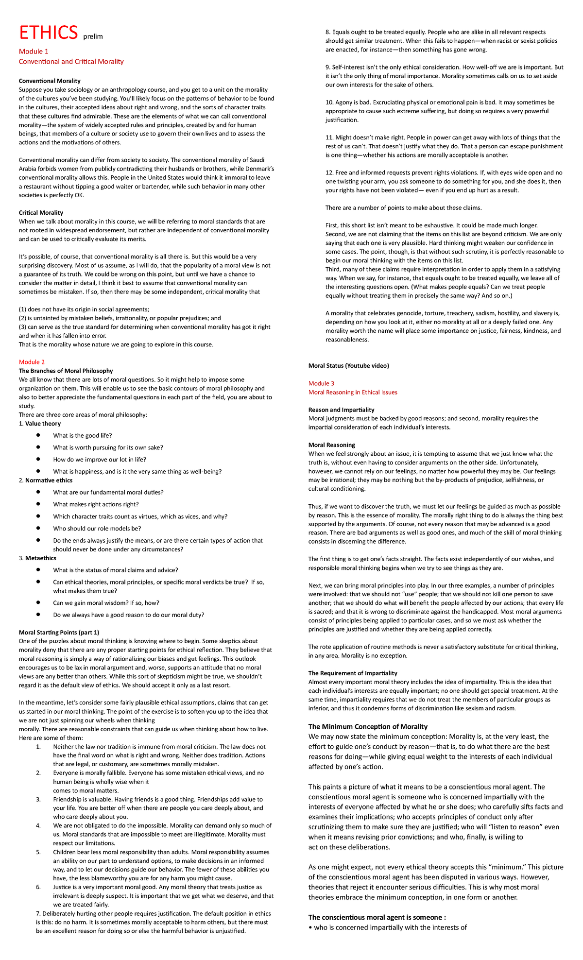 Ethics - reviewer - ETHICS prelim Module 1 Conventional and Critical ...