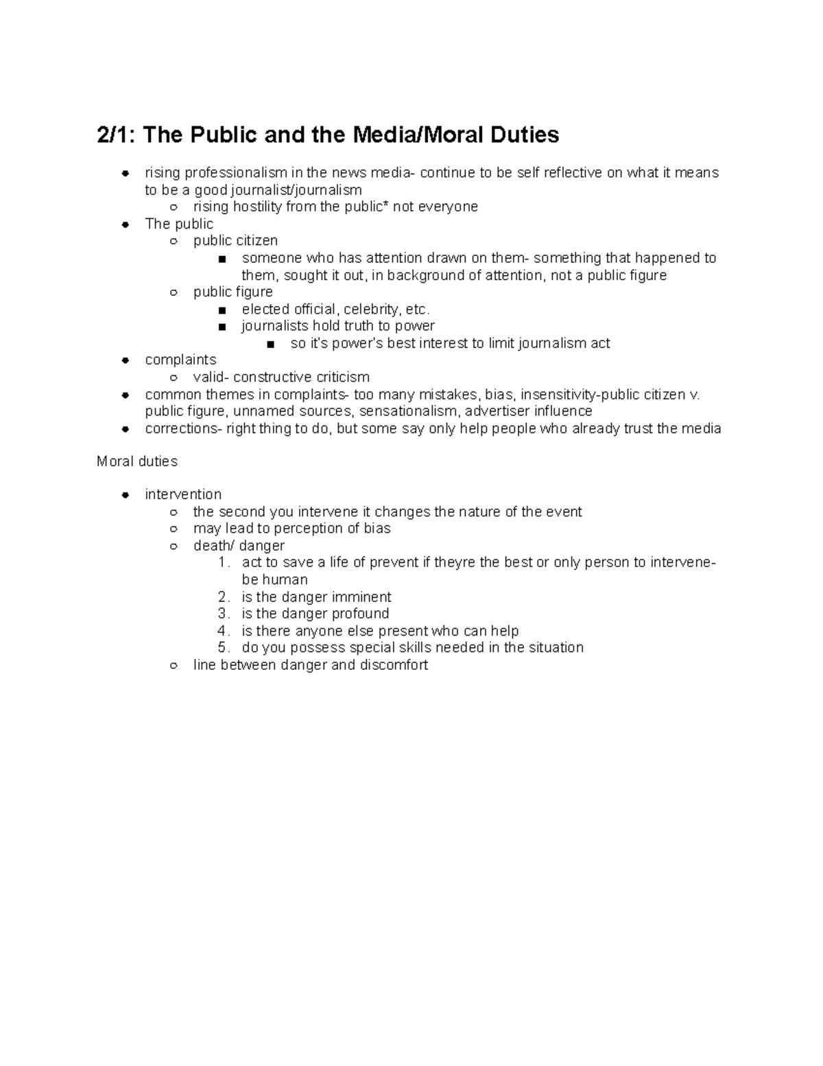 Ethics Class Notes 2 /1 - 2/1: The Public and the Media/Moral Duties ...