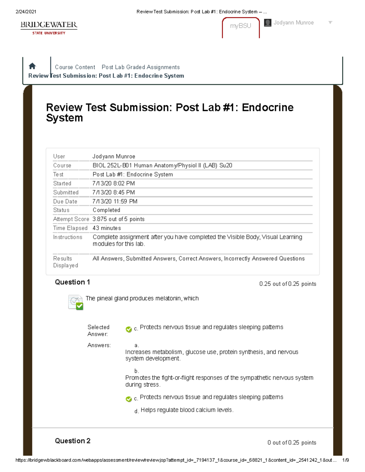 Review Test Submission Post Lab #1 Endocrine System – - Review Test ...