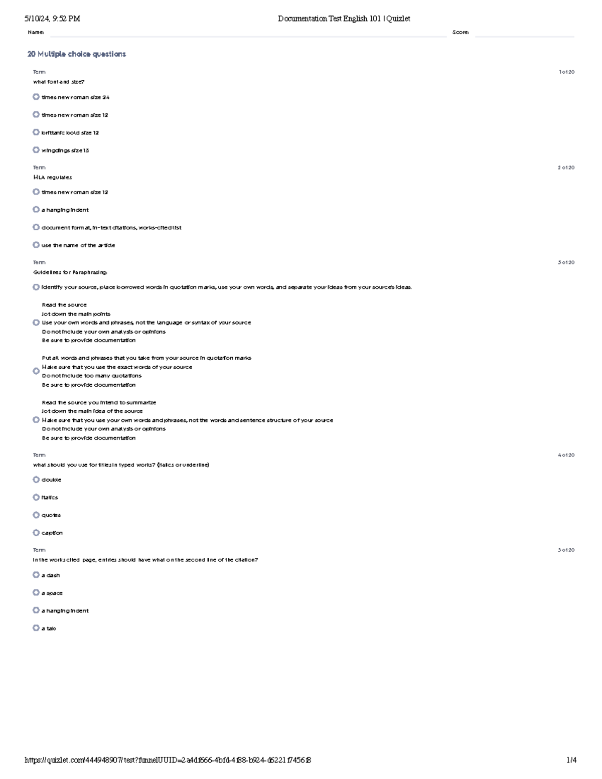 Documentation Test English 101 Quizlet - Name: Score: 20 Multiple ...