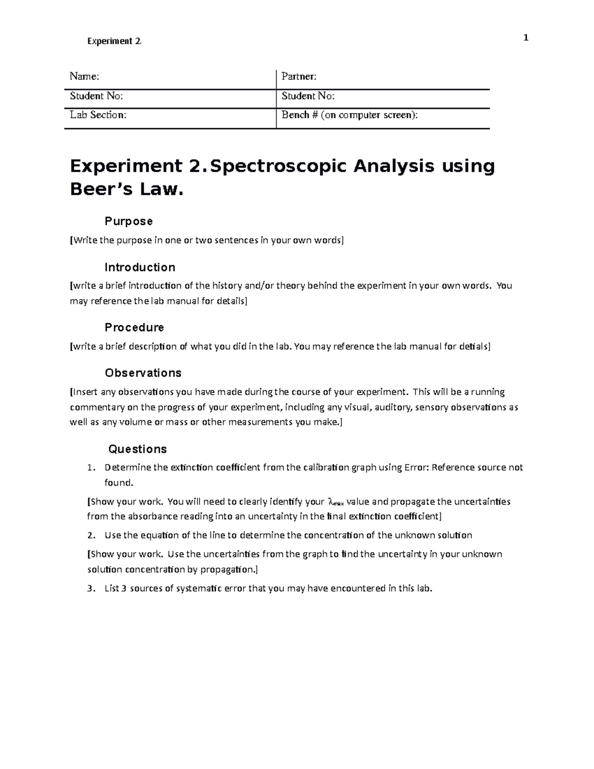 Template Spectroscopic Analysis using Beers Law - Experiment 2. Name ...