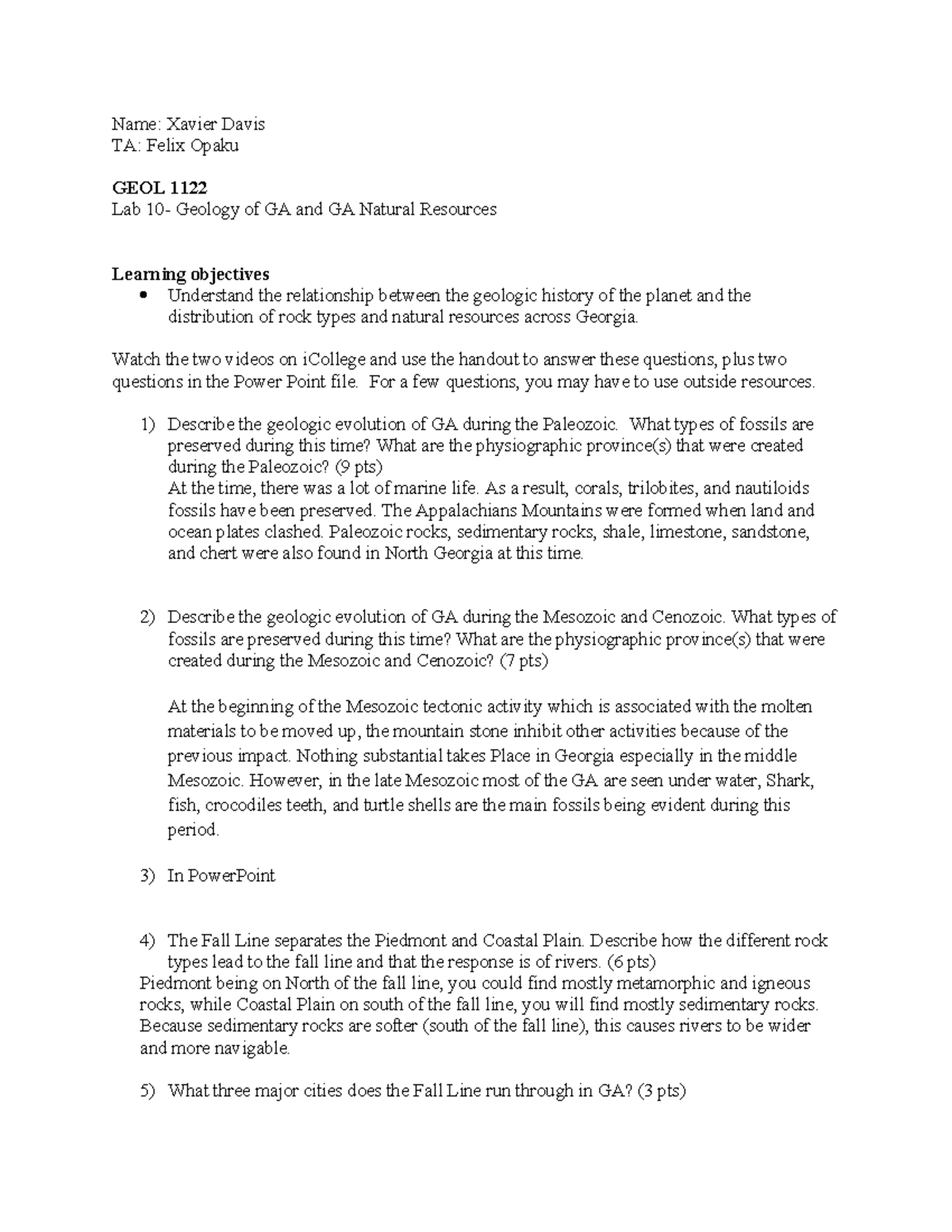 Lab 10 assignment final - Name: Xavier Davis TA: Felix Opaku GEOL 1122 Lab 10- Geology of GA and ...