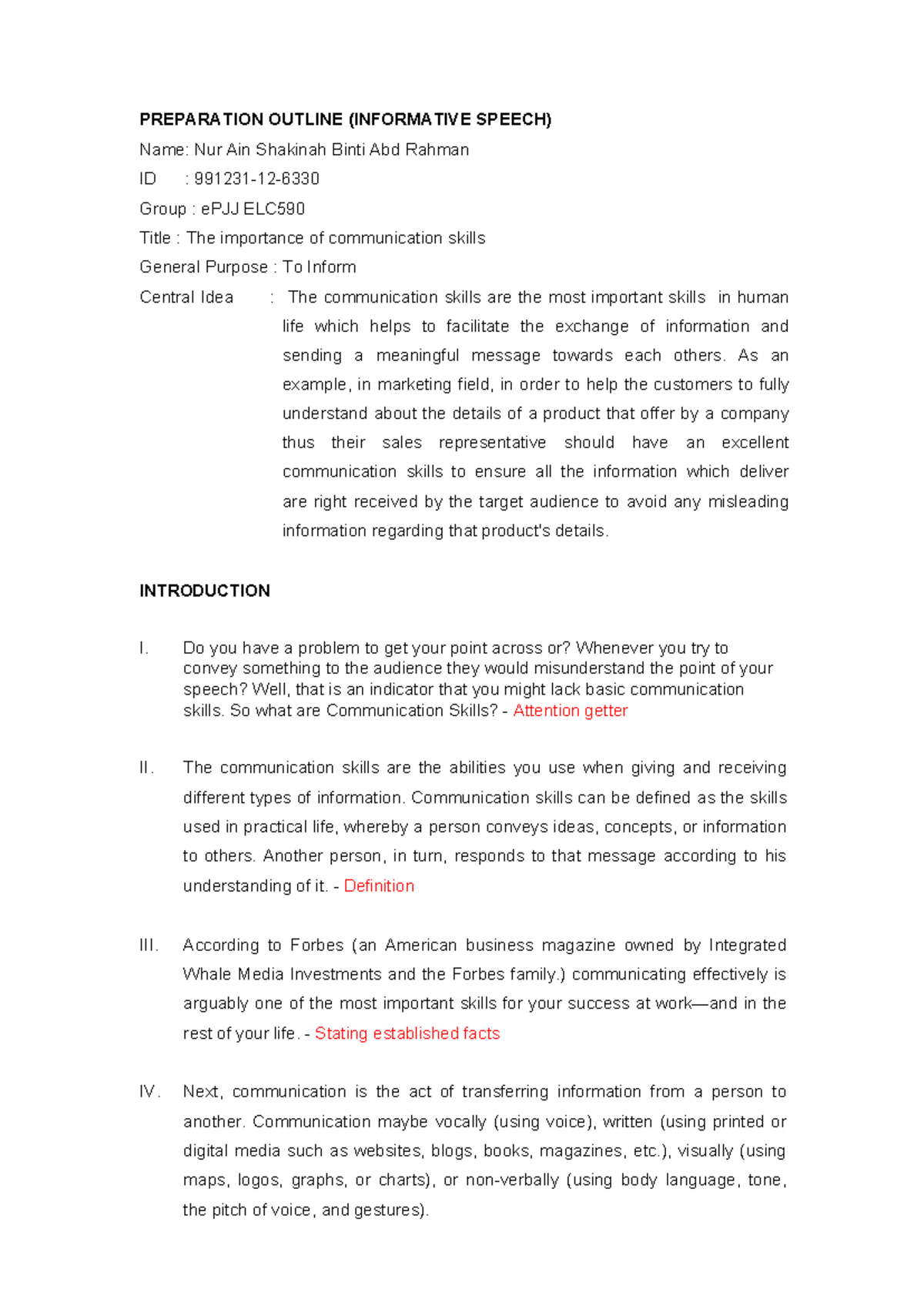 NEW Informative Speech Outline NUR AIN Shakinah 1 - PREPARATION OUTLINE ...