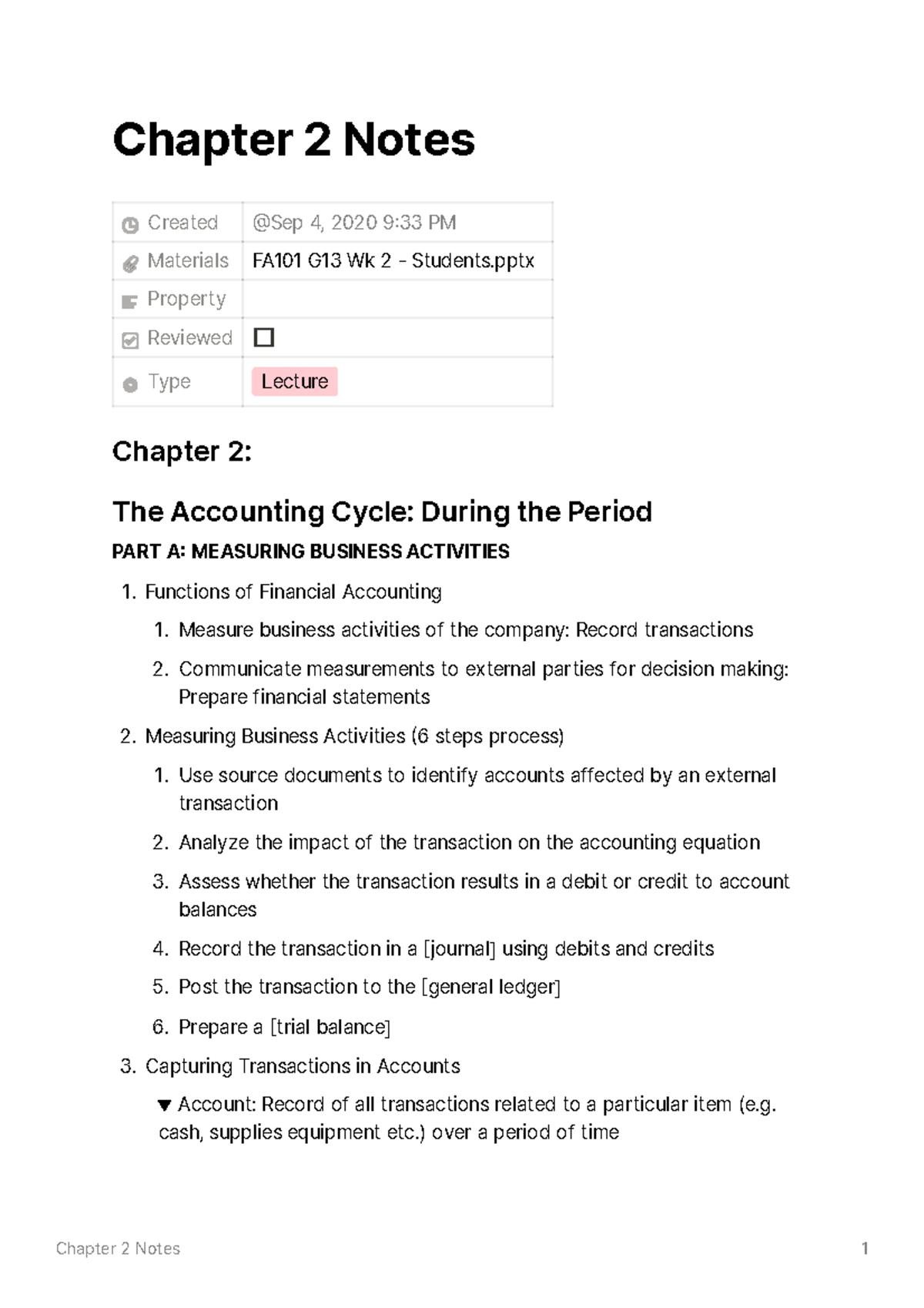 ACCT101 Chapter 2 Notes - Chapter 2 Notes Created Materials FA101 G13 ...