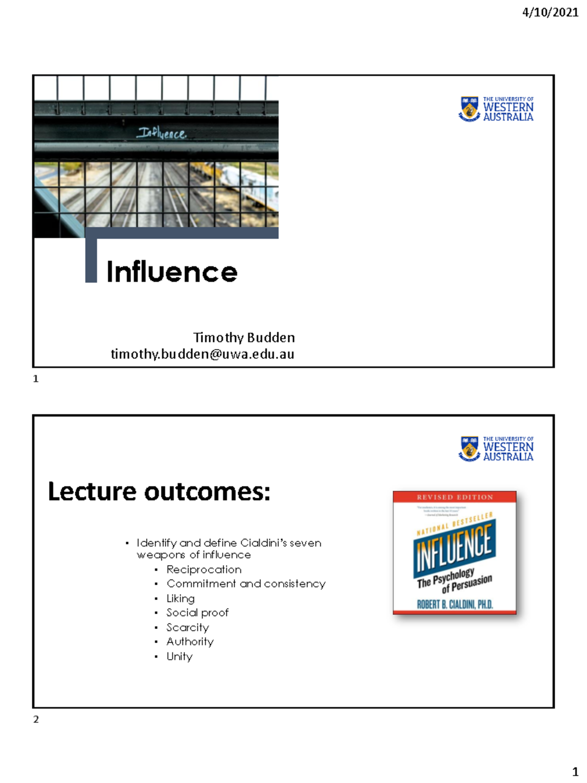 3.5 Influence slides only - Influence Timothy Budden timothy@uwa.edu ...