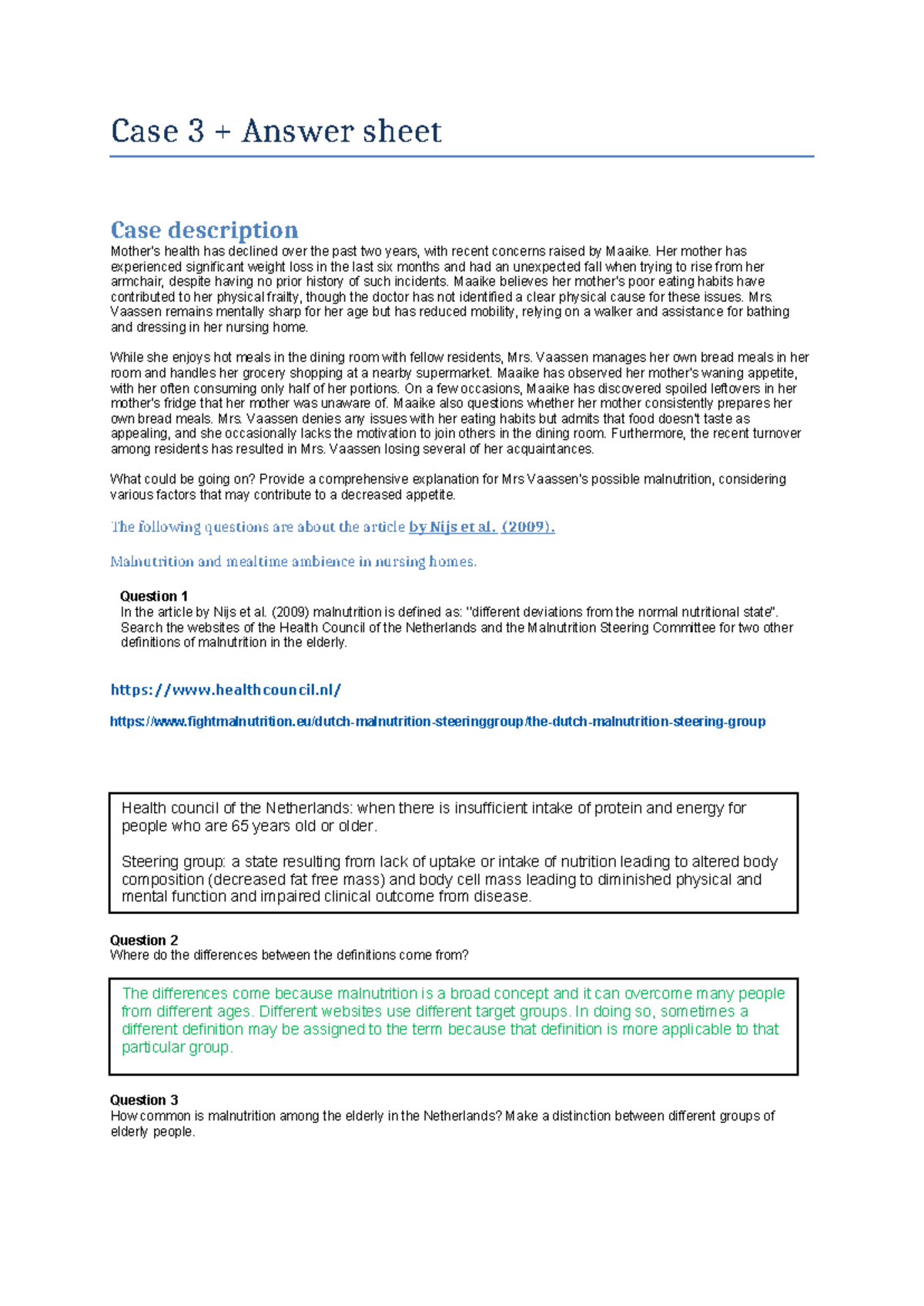 Case study 3 answer sheet - Case 3 + Answer sheet Case description ...