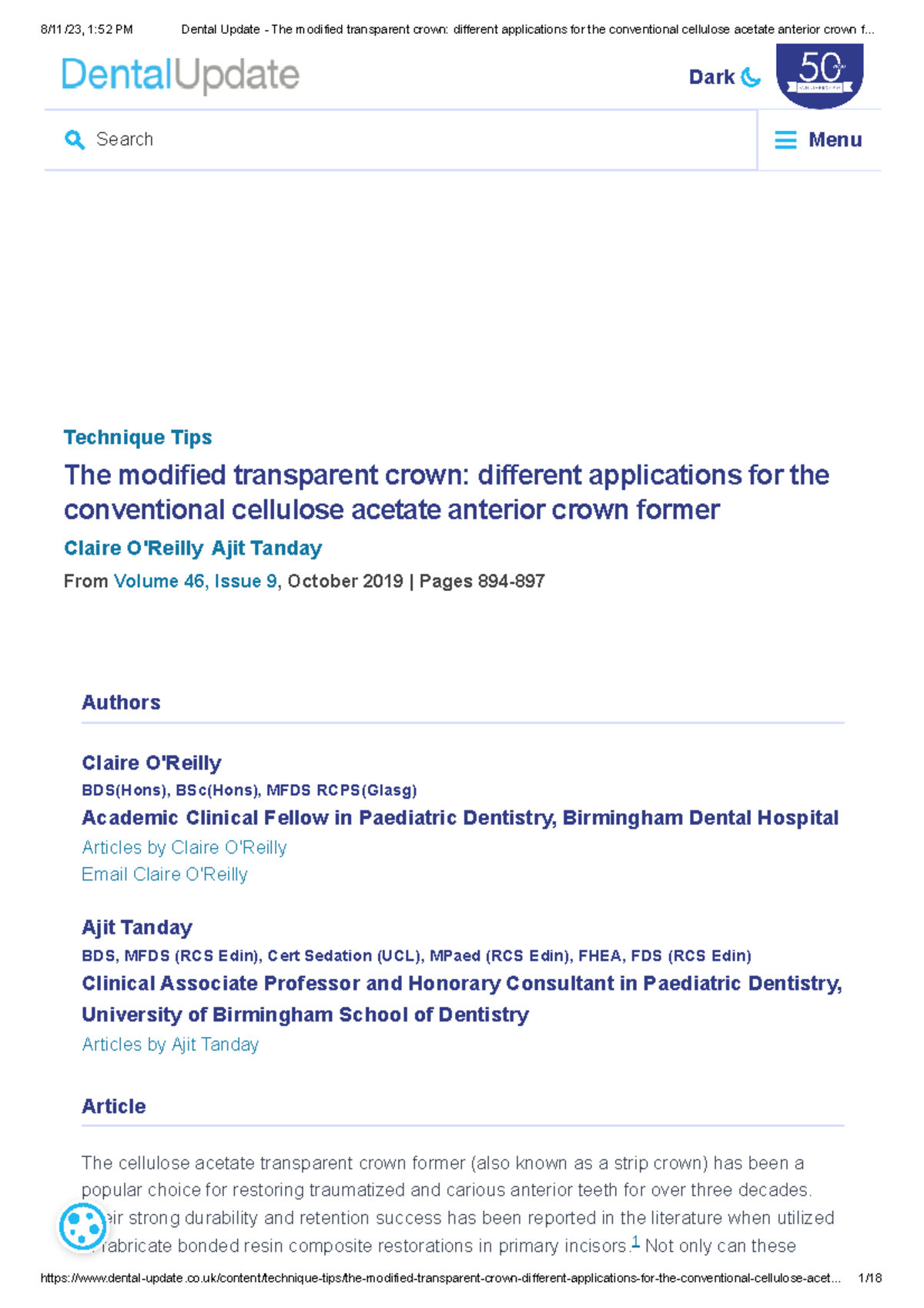 Cellulose acetate anterior crown former article - - Studocu