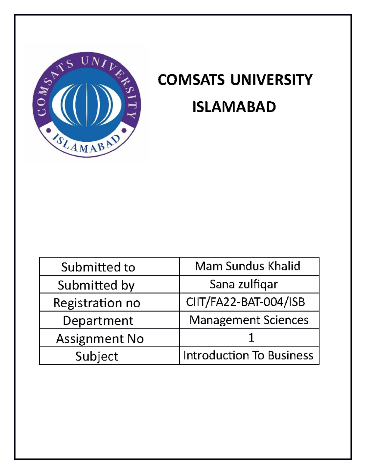 Comsats University ITB - COMSATS UNIVERSITY ISLAMABAD Submitted to Mam ...