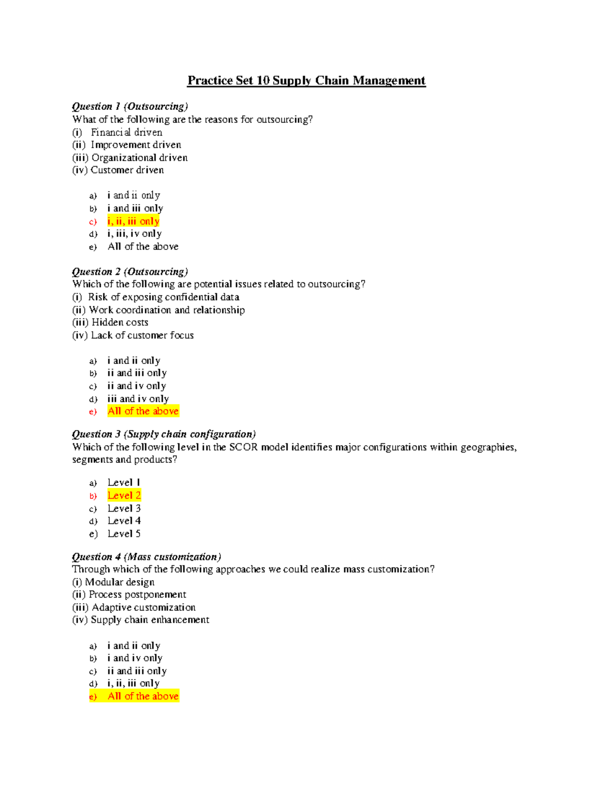 Practice Set #10 Supply Chain Management Ans - Practice Set 10 Supply ...