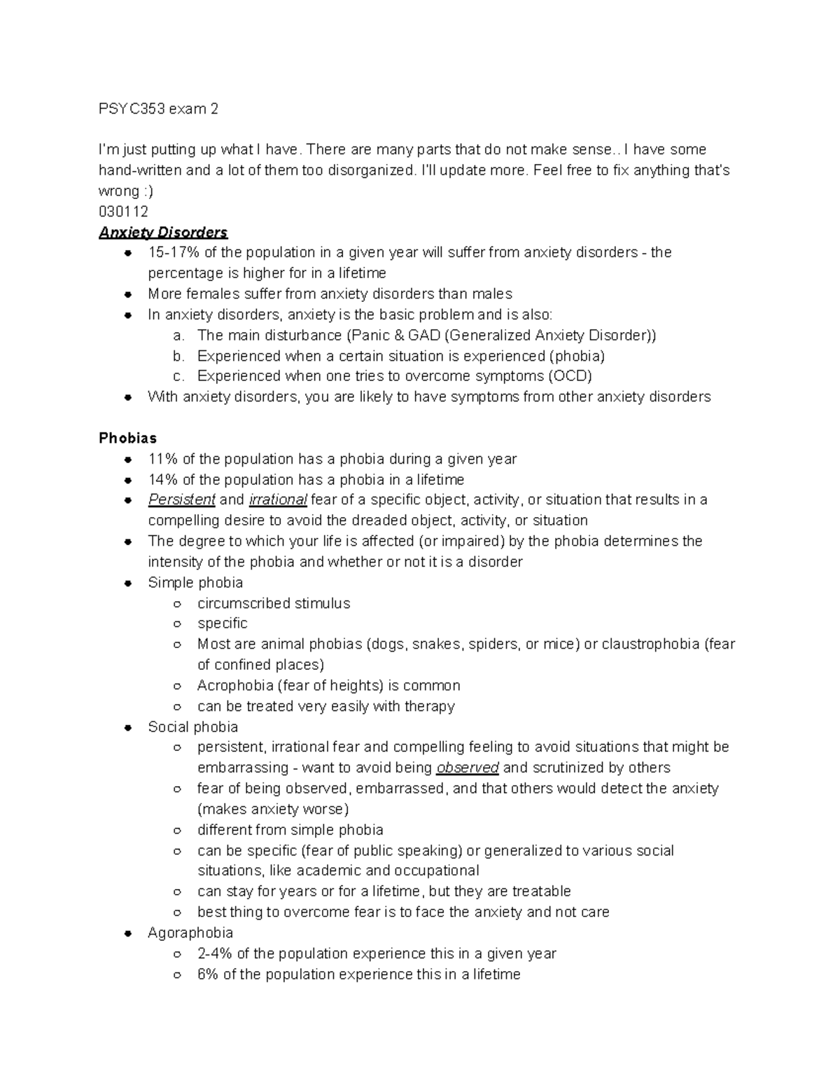 Adult Psychopathology - Exam Study Guide/Review - PSYC353 exam 2 just ...