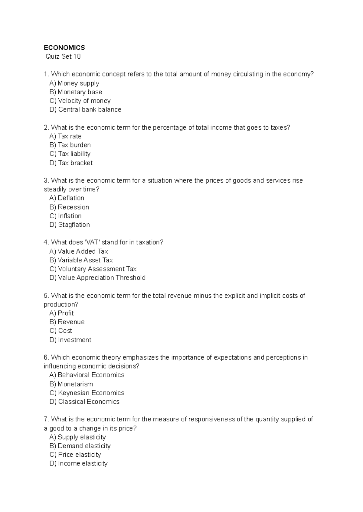 ECON - Quiz 10 - Practice material. - ECONOMICS Quiz Set 10 Which ...