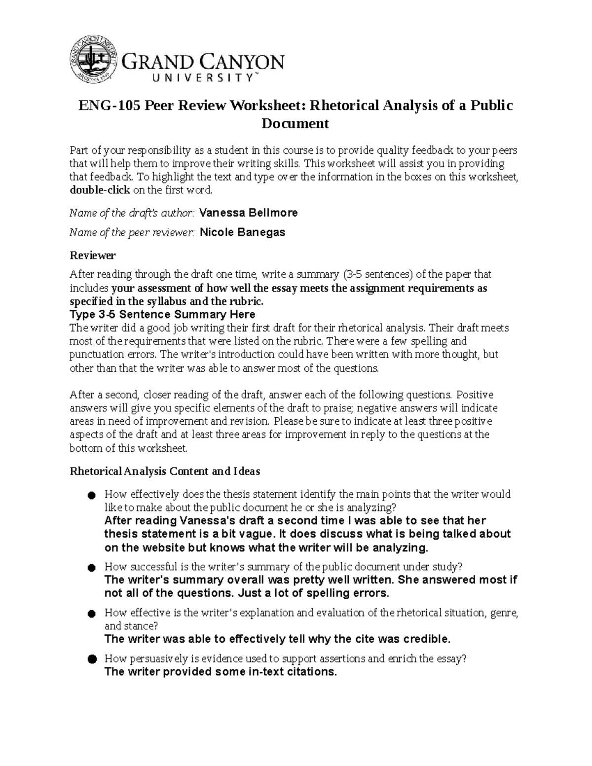 ENG105 Rhetorical Analysis Peer Review Worksheet ONL - ENG-105 Peer ...