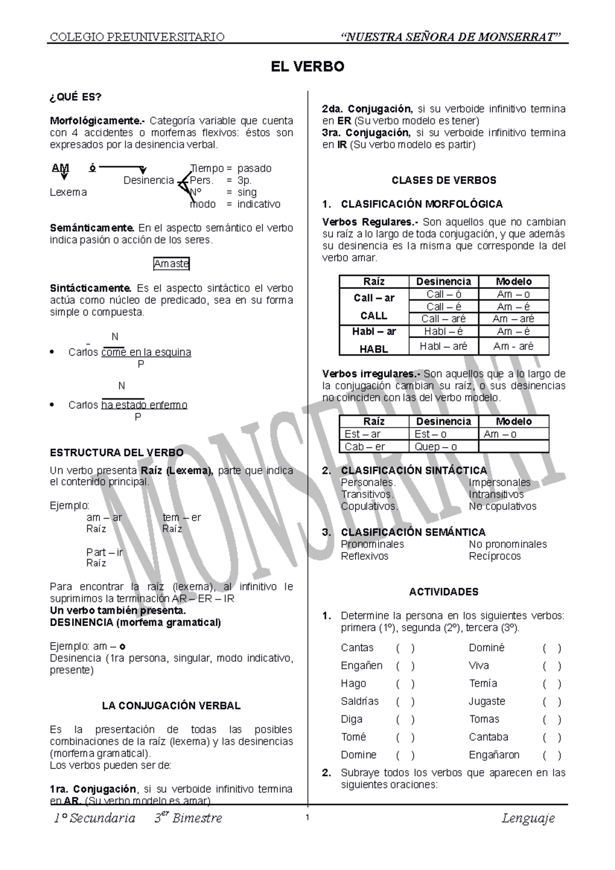 EL Verbo 1 - RESUMEN DE GRAMATICA - COLEGIO PREUNIVERSITARIO “NUESTRA ...