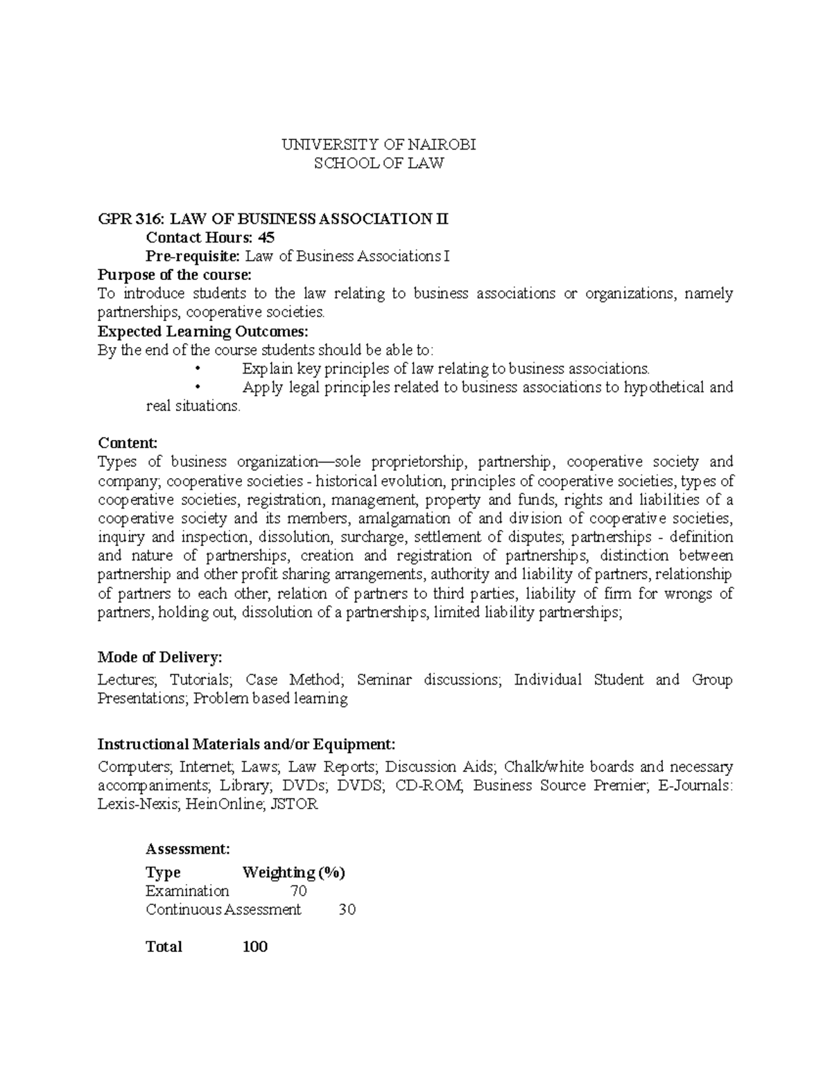 Draft Course Outline LBA II year 2024 - UNIVERSITY OF NAIROBI SCHOOL OF ...