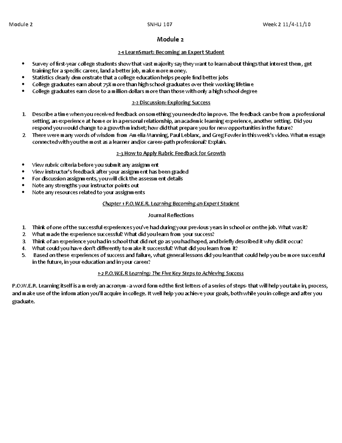 Week 2 Notes Module 2 - Module 2 2-1 LearnSmart: Becoming an Expert ...