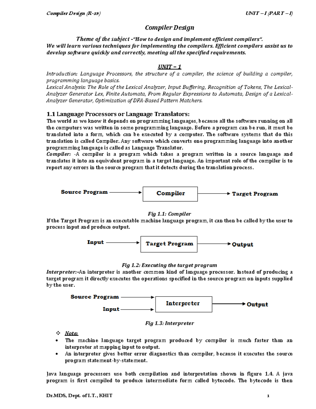 Cd Unit 1 Important Notes Compiler Design R 19 Unit I Part I Compiler Design Theme