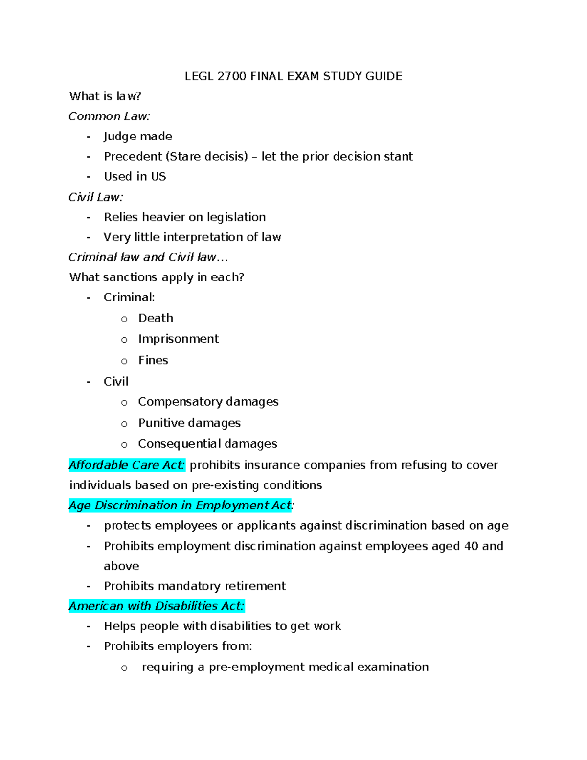 LEGL 2700 Final EXAM Study Guide - LEGL 2700 FINAL EXAM STUDY GUIDE What is law? Common Law ...