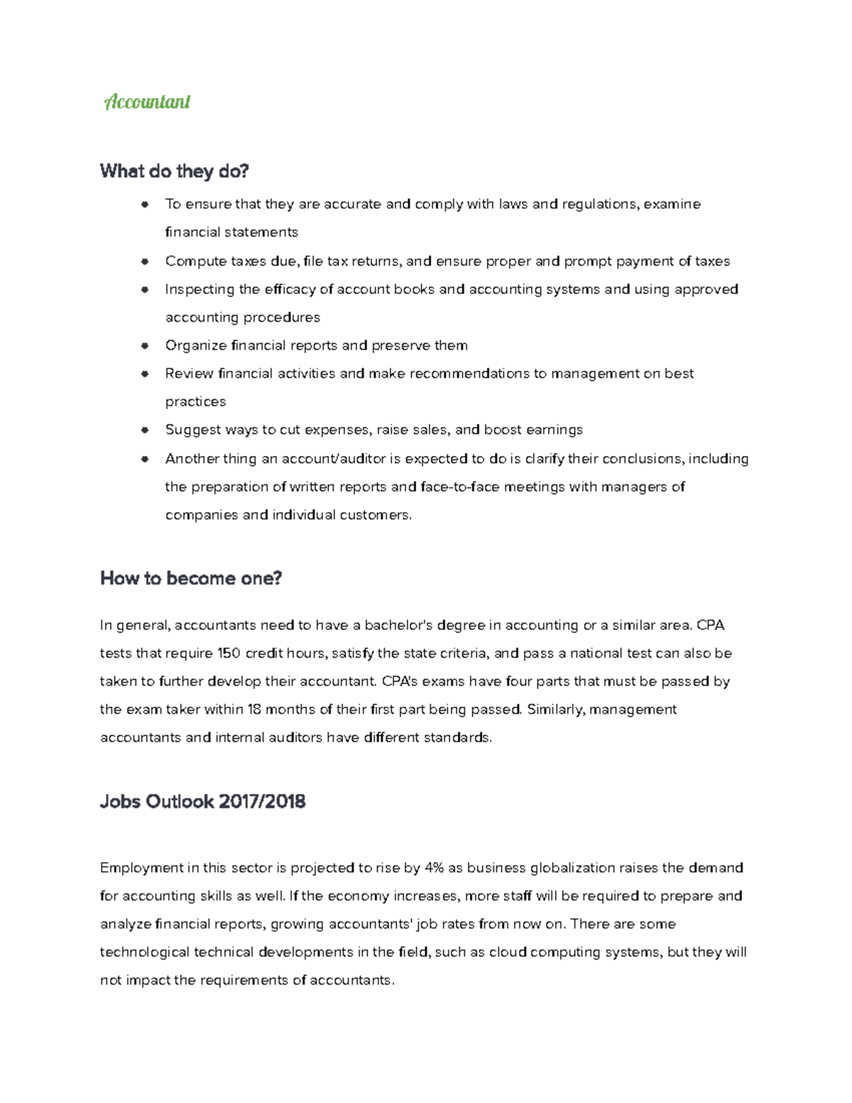 Lecture notes bsad 101 - Accountant What do they do? To ensure that ...