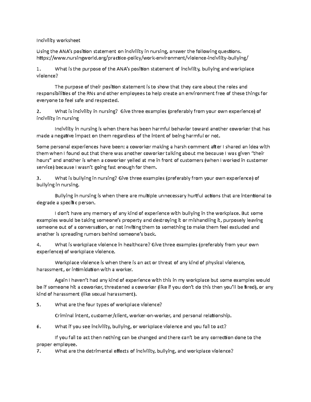 Kgrenawalt incivility 071522 - Incivility worksheet Using the ANA’s ...