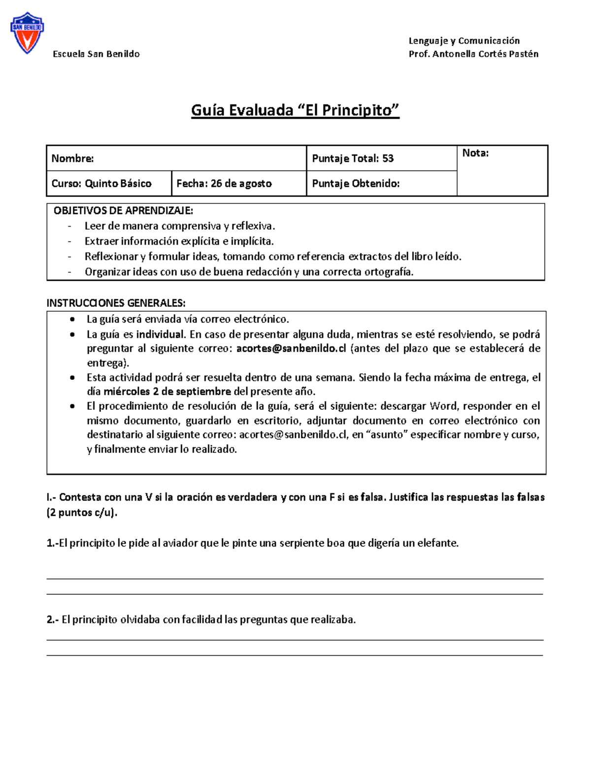 Guía Evaluada El Principito Quinto Básico miércoles 26 de agosto - Lenguaje y Comunicación ...