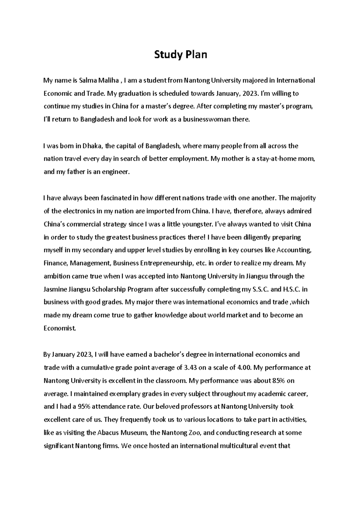 Updated CSC Study Plan - Study Plan My name is Salma Maliha , I am a ...