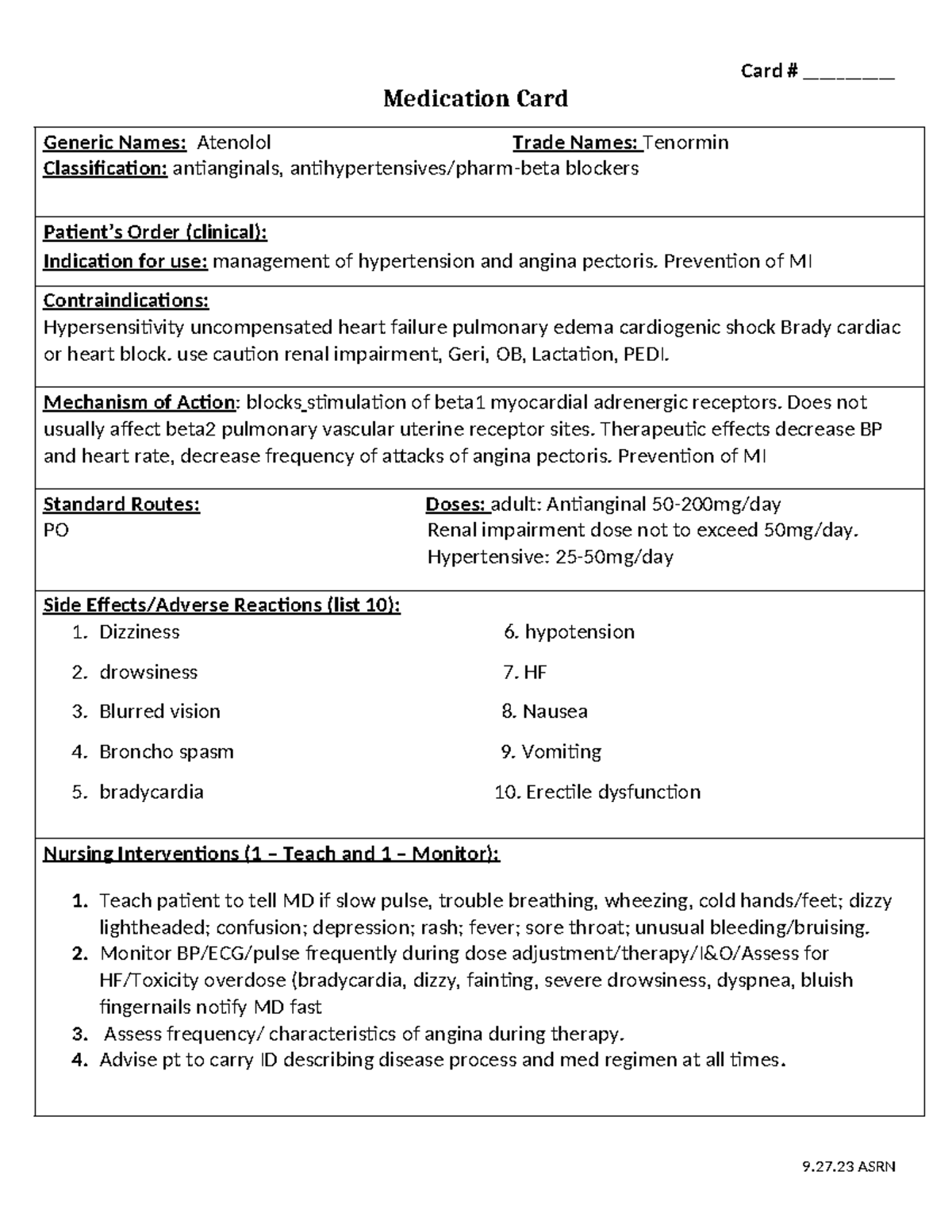 Atenolol - med card - Card # ___________ Medication Card Generic Names ...