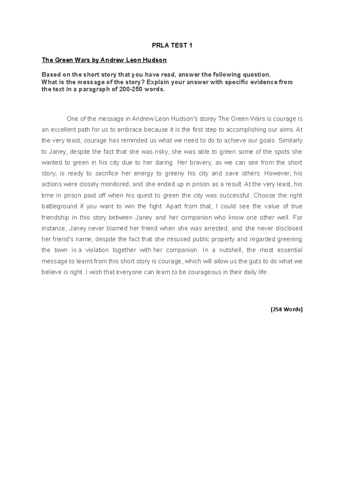 EXAMPLE OF PRLA ESSAY - PRLA TEST 1 The Green Wars by Andrew Leon ...
