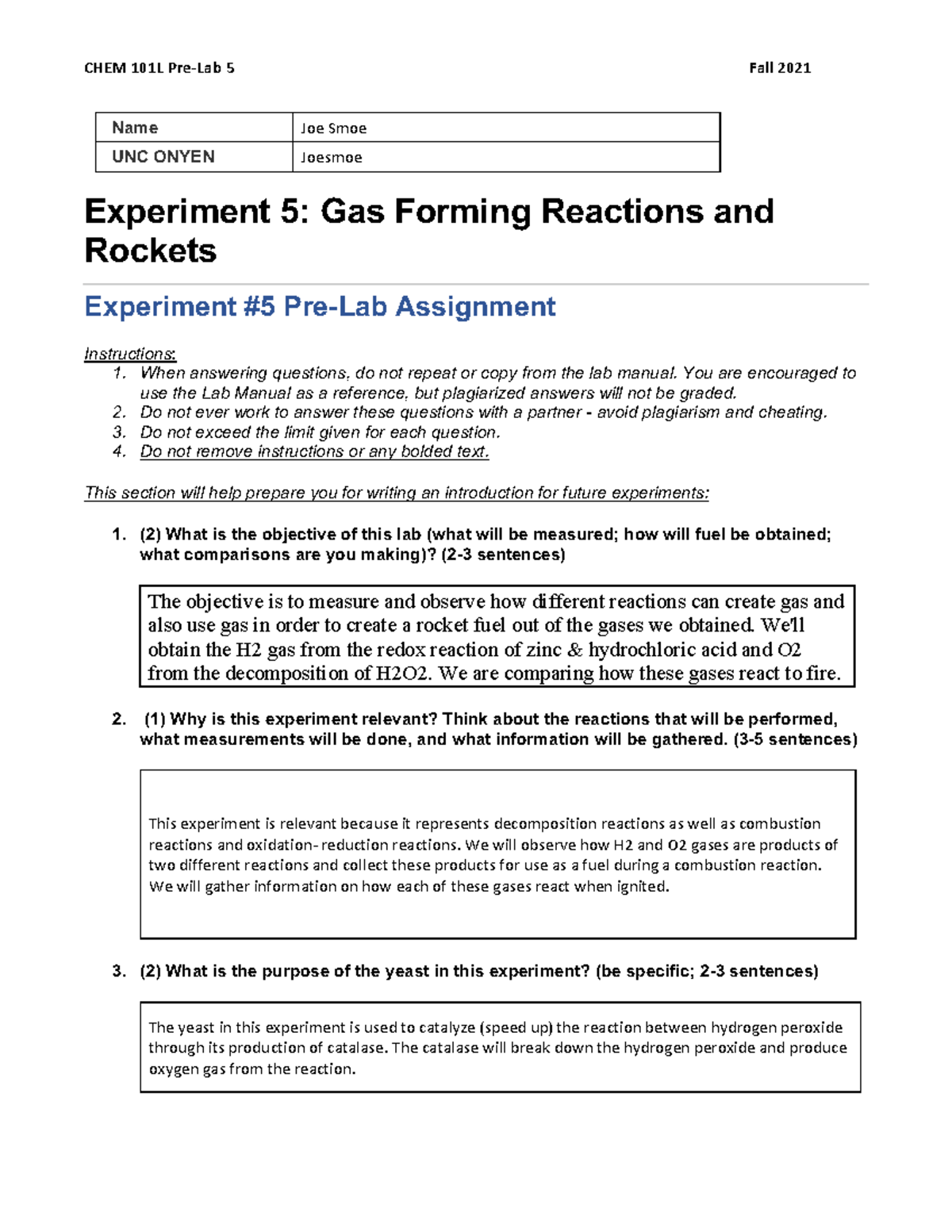 Experiment 5 Post Lab - Name Joe Smoe UNC ONYEN Joesmoe Experiment 5: Gas Forming Reactions and ...