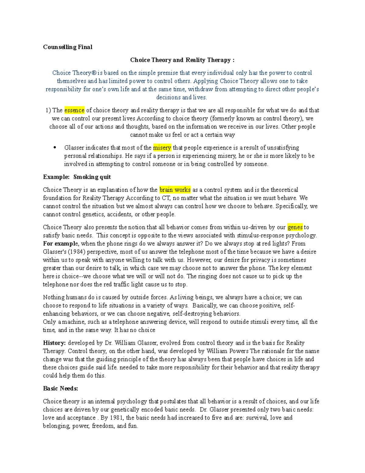 Counselling Final - zxc - Counselling Final Choice Theory and Reality ...