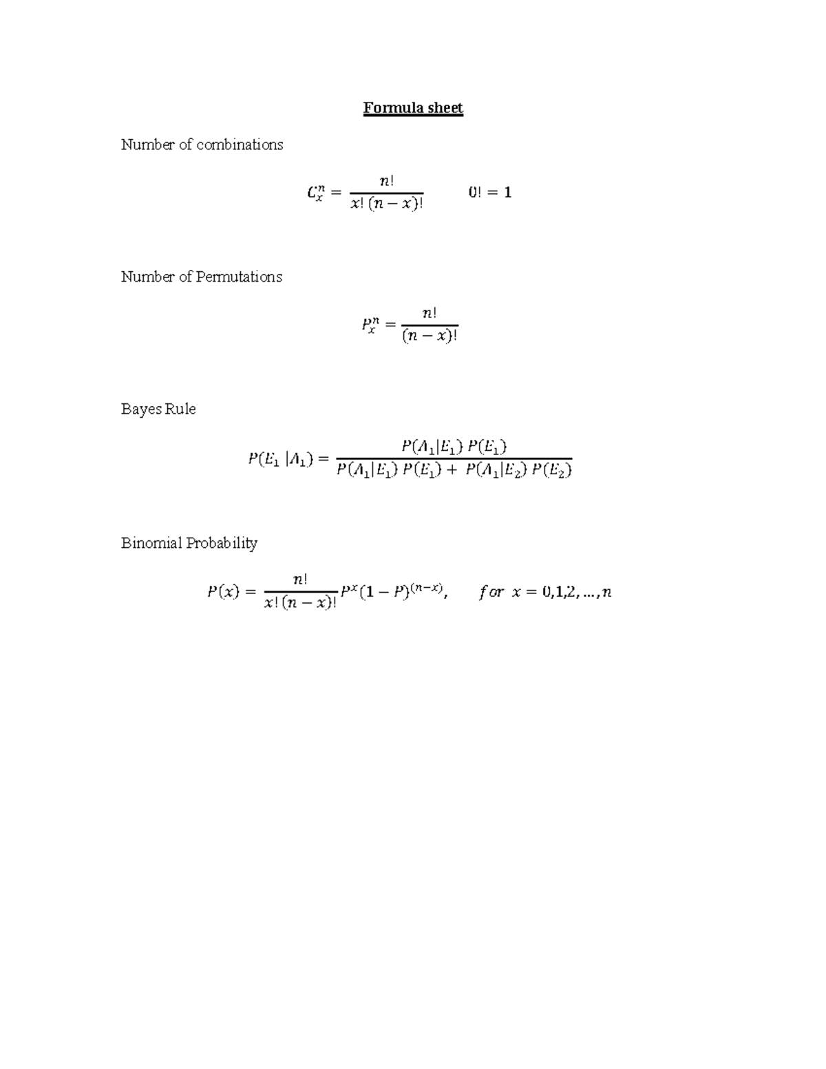 Final Exam Formula Sheet - Formula sheet Number of combinations 𝐶 ...
