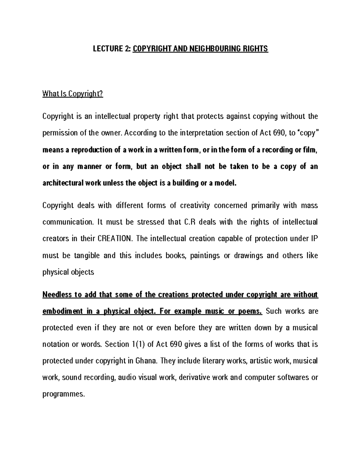 Copyright I Lecture Notes - LECTURE 2: COPYRIGHT AND NEIGHBOURING ...