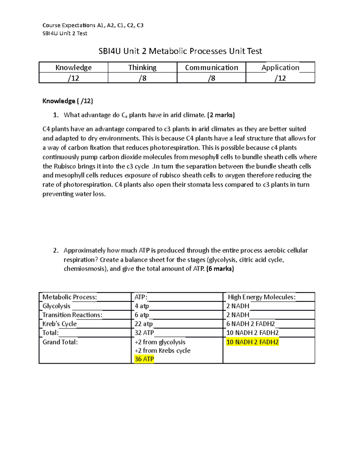 Metabolic Processes Test - SBI4U Unit 2 Test SBI4U Unit 2 Metabolic ...