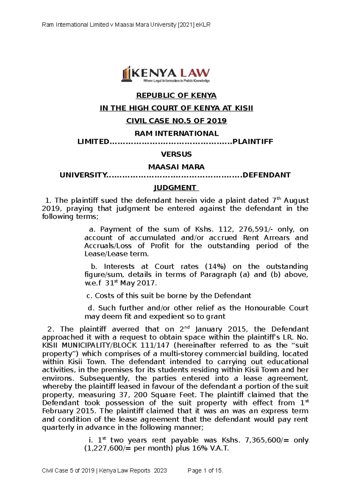 Civil Case 5 of 2019 - notes - REPUBLIC OF KENYA IN THE HIGH COURT OF ...