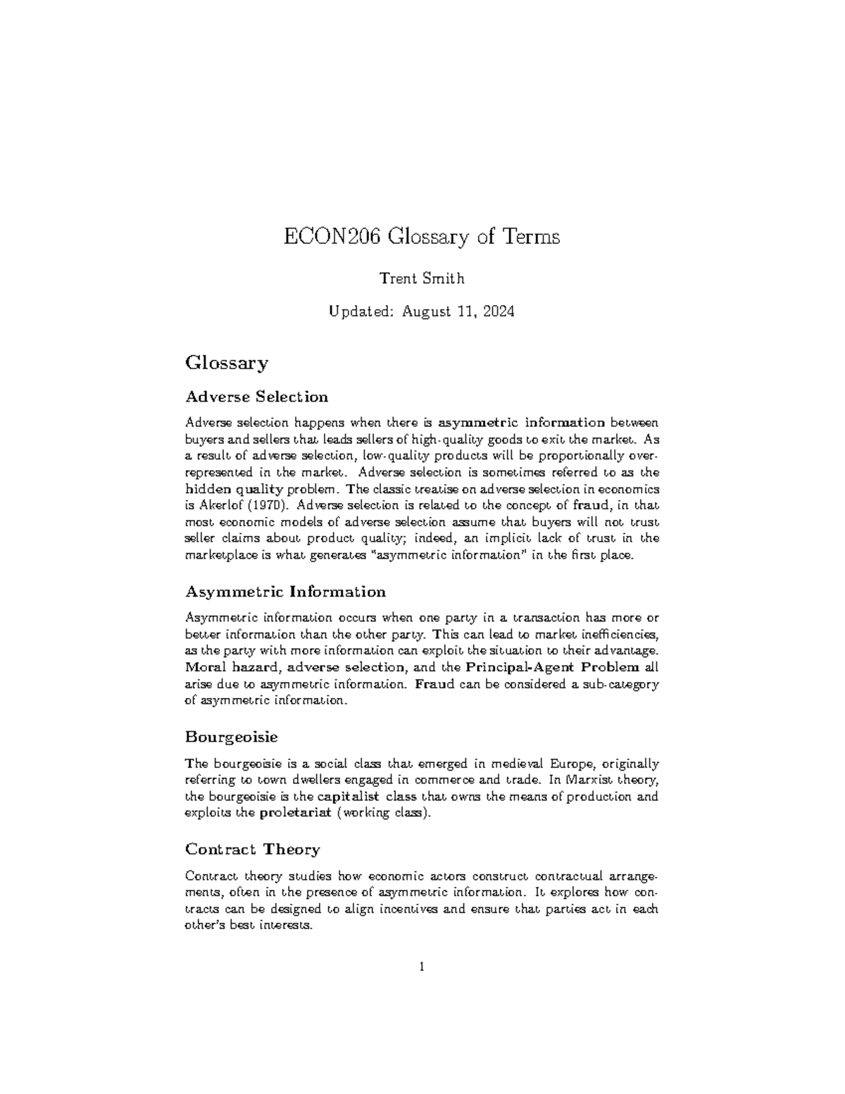 Glossary for Econ 206 - ECON206 Glossary of Terms Trent Smith Updated ...