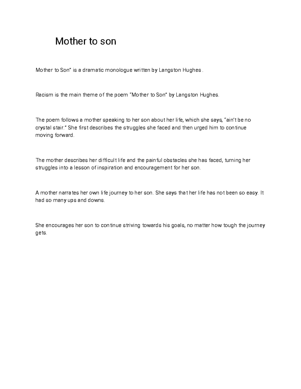 Mother to son monologue - Mother to son Mother to Son” is a dramatic ...