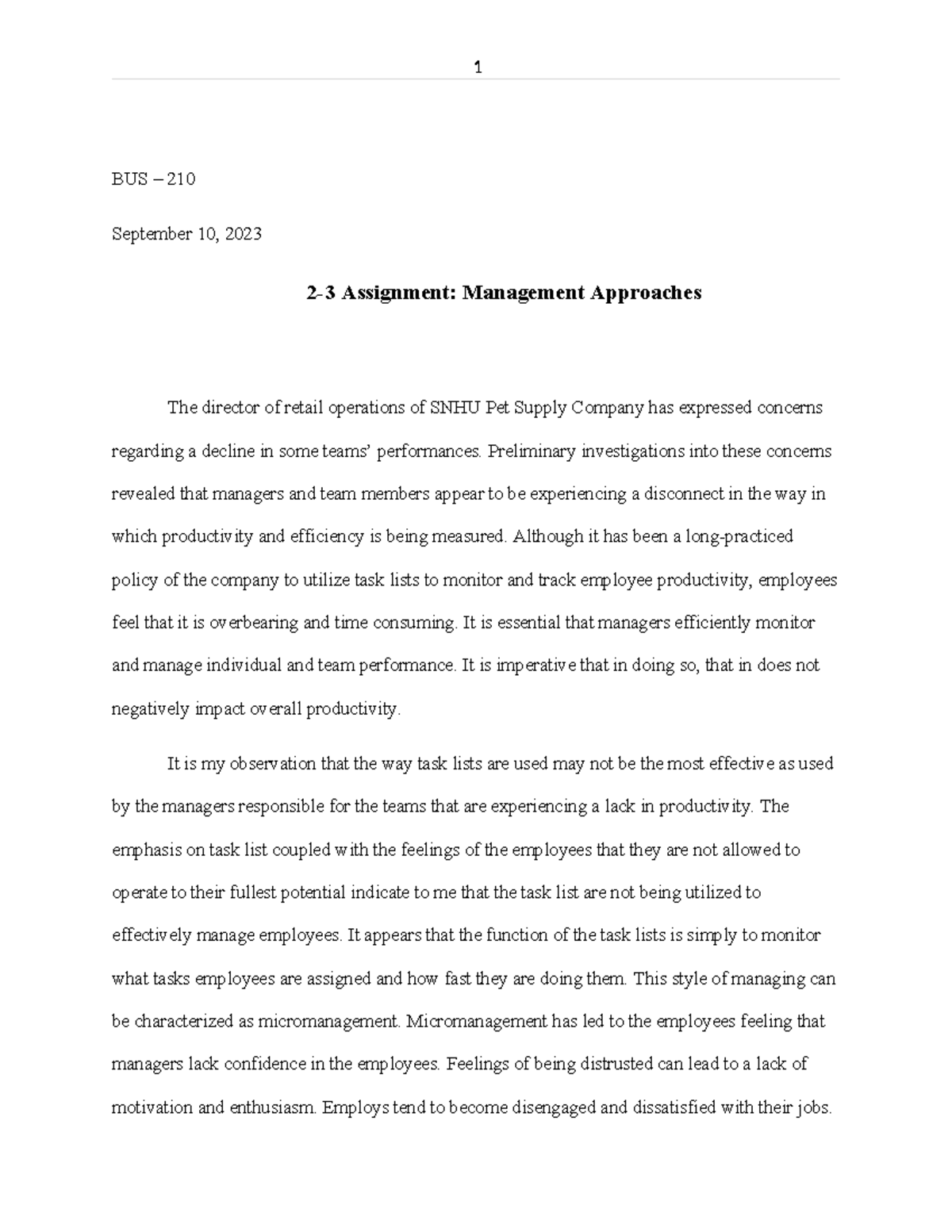 BUS 210 2-3 Assignment Management Approaches - 1 BUS – 210 September 10 ...