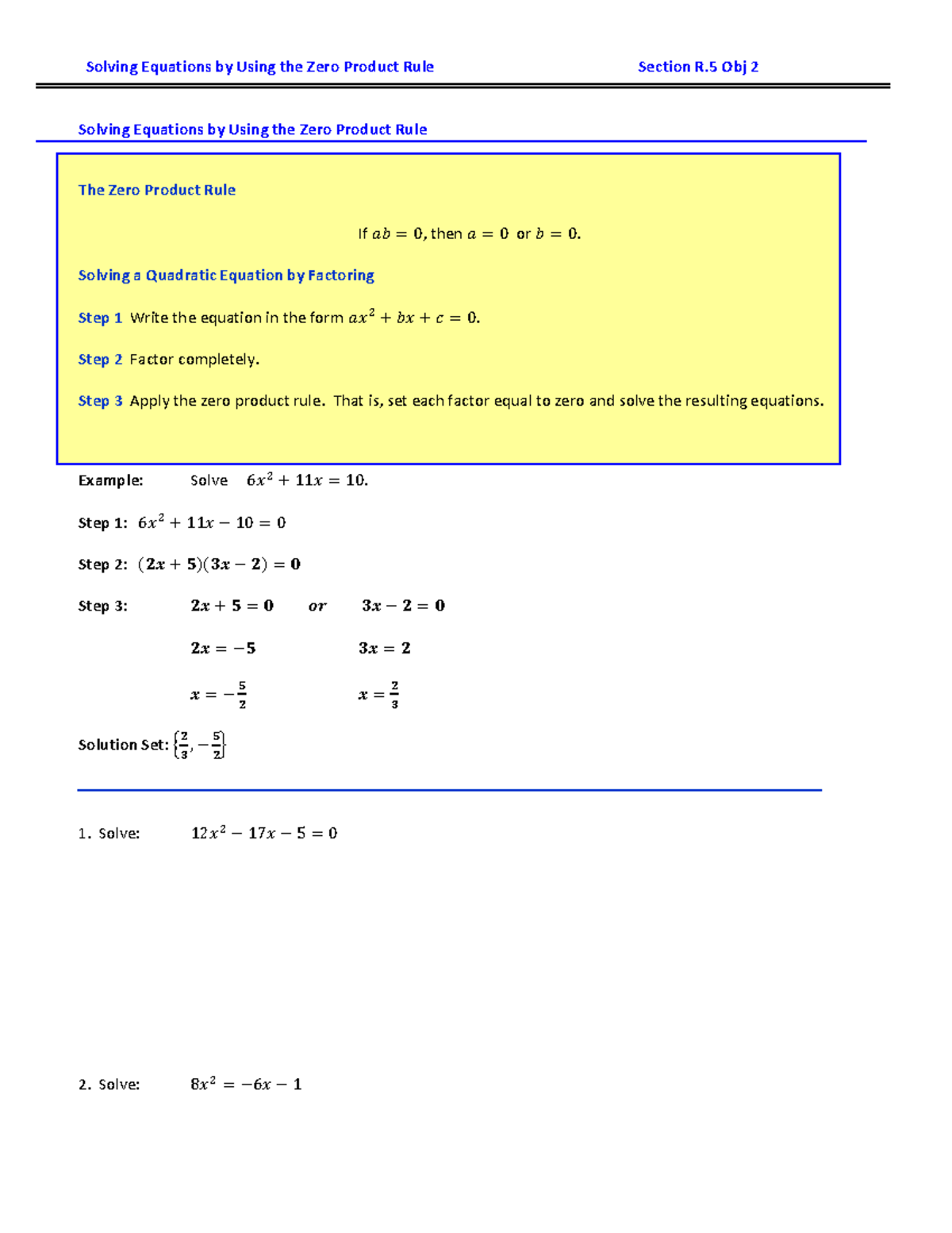 3 Lecture Notes R.5 Obj 2, 3, 5 ADA - Solving Equations by Using the ...