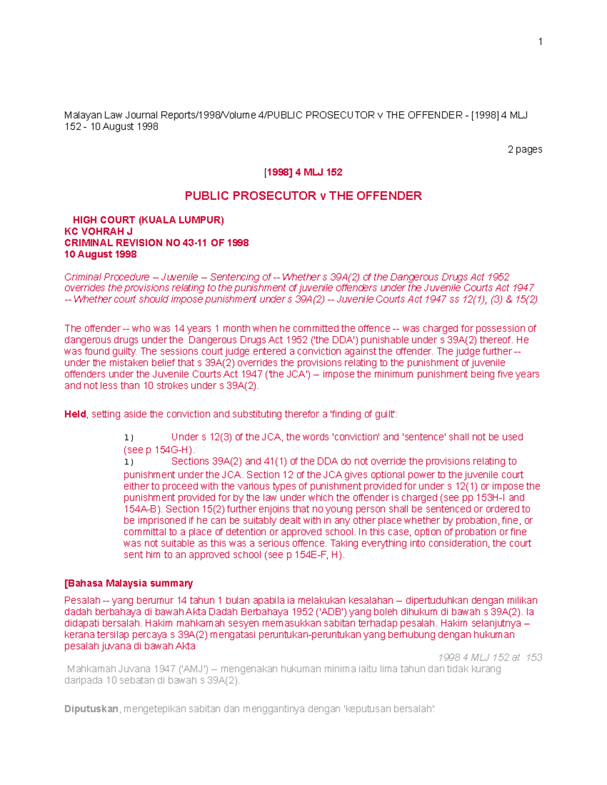 Public Prosecutor v THE Offender - [1998] 4 - 1 Malayan Law Journal ...