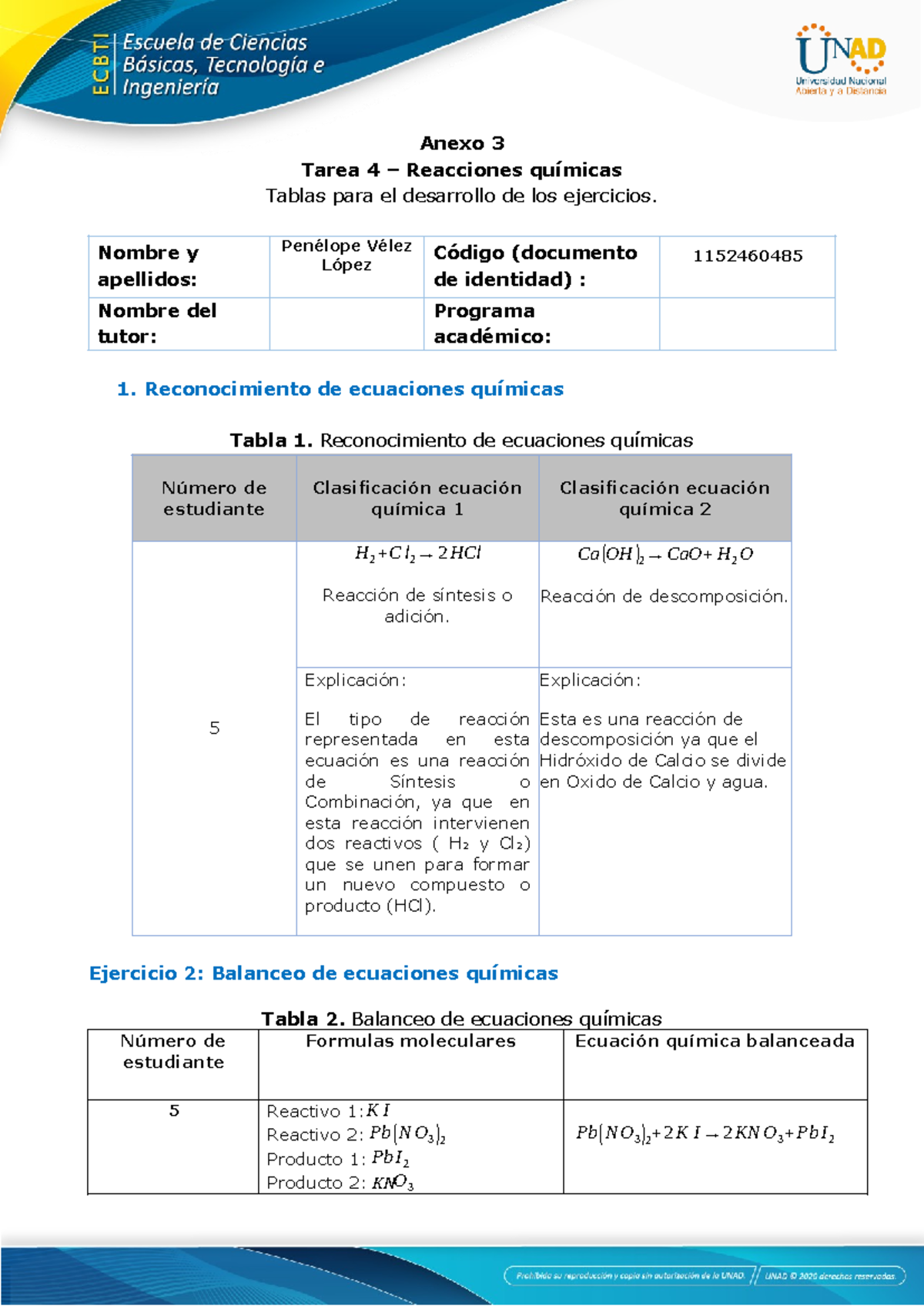 Quimica 1 - Anexo 3 Tarea 4 – Reacciones químicas Tablas para el ...