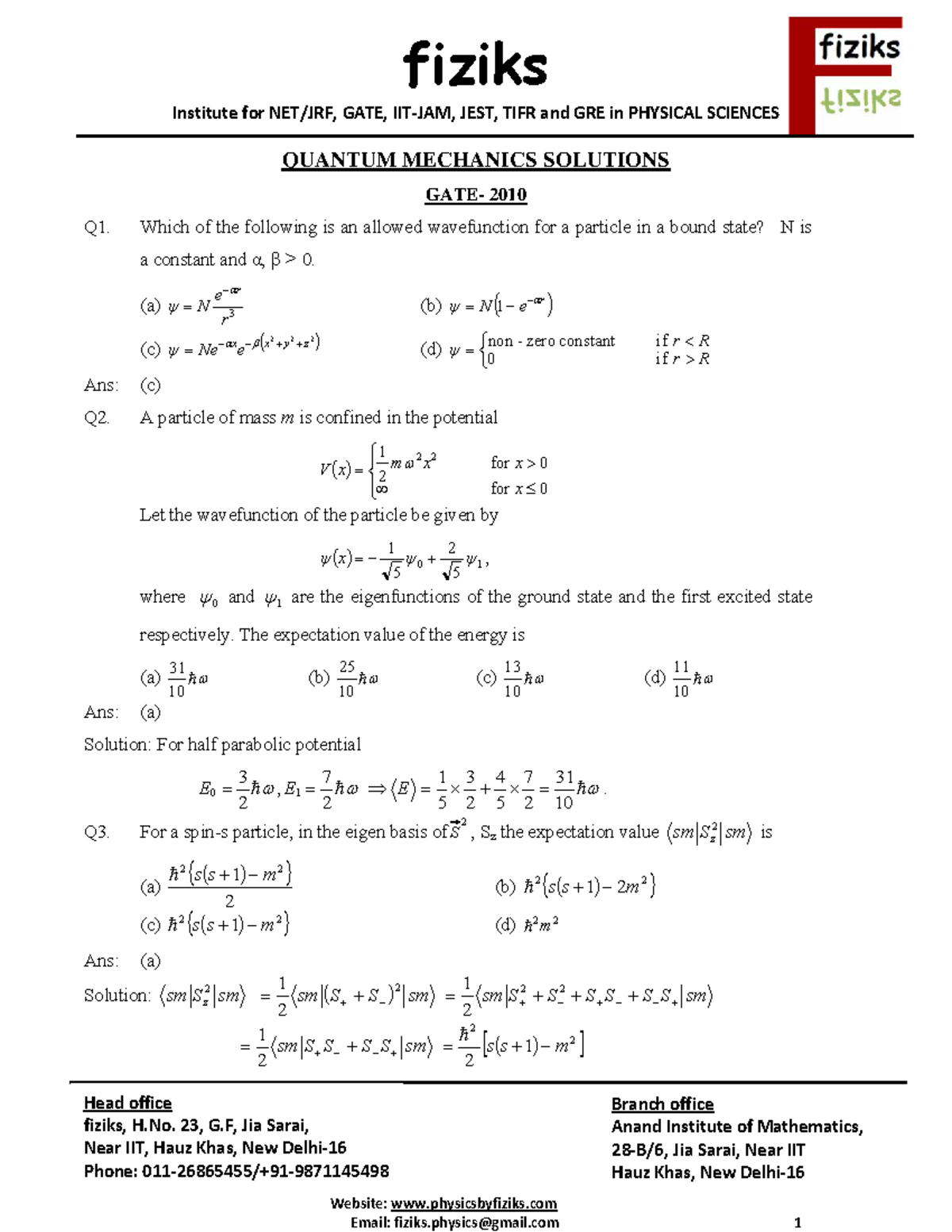 4.Quantum Mechanics GATE 2010-2017 - Institute for NET/JRF, GATE, IIT‐JAM, JEST, TIFR and GRE in ...