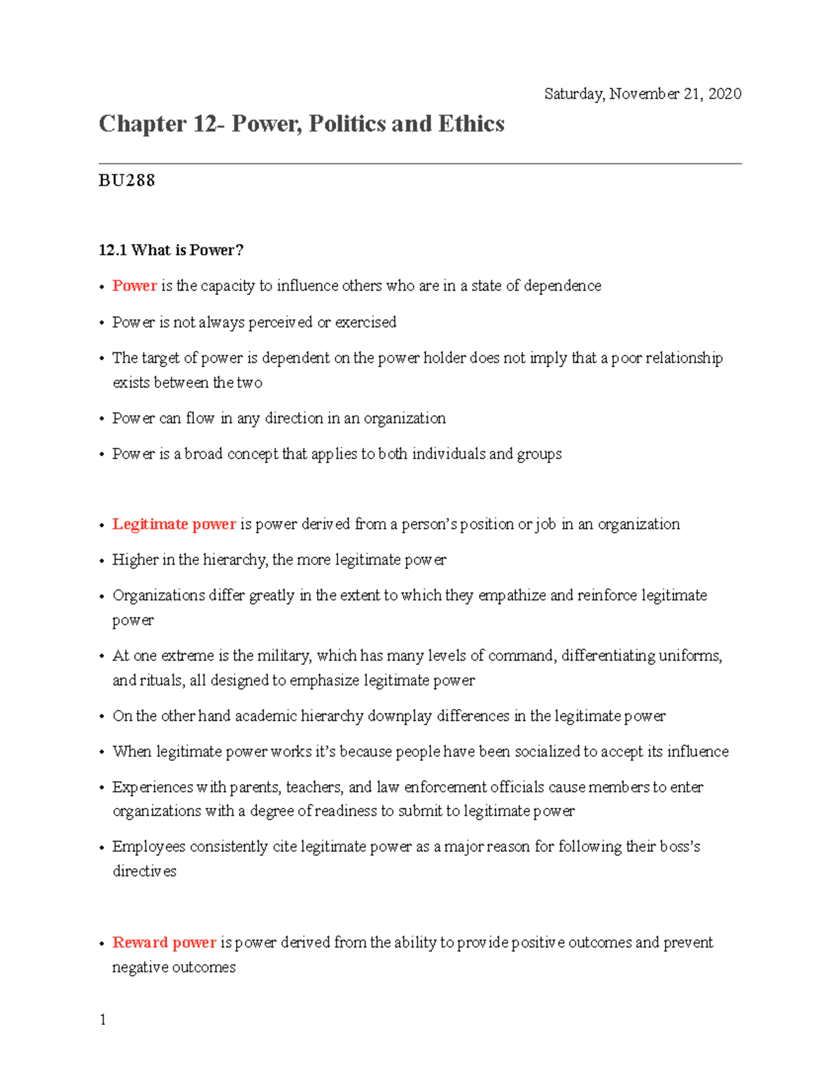 BU288- Chapter 12 (Textbook) - Chapter 12- Power, Politics and Ethics ...