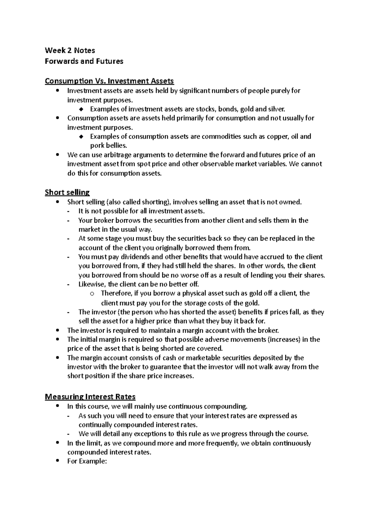 Week 2 Notes - S S - Week 2 Notes Forwards and Futures Consumption Vs ...