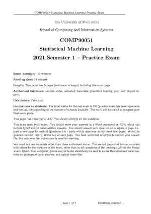 Comp90051 1061143 H1 Notes The University Of Melbourne School Of