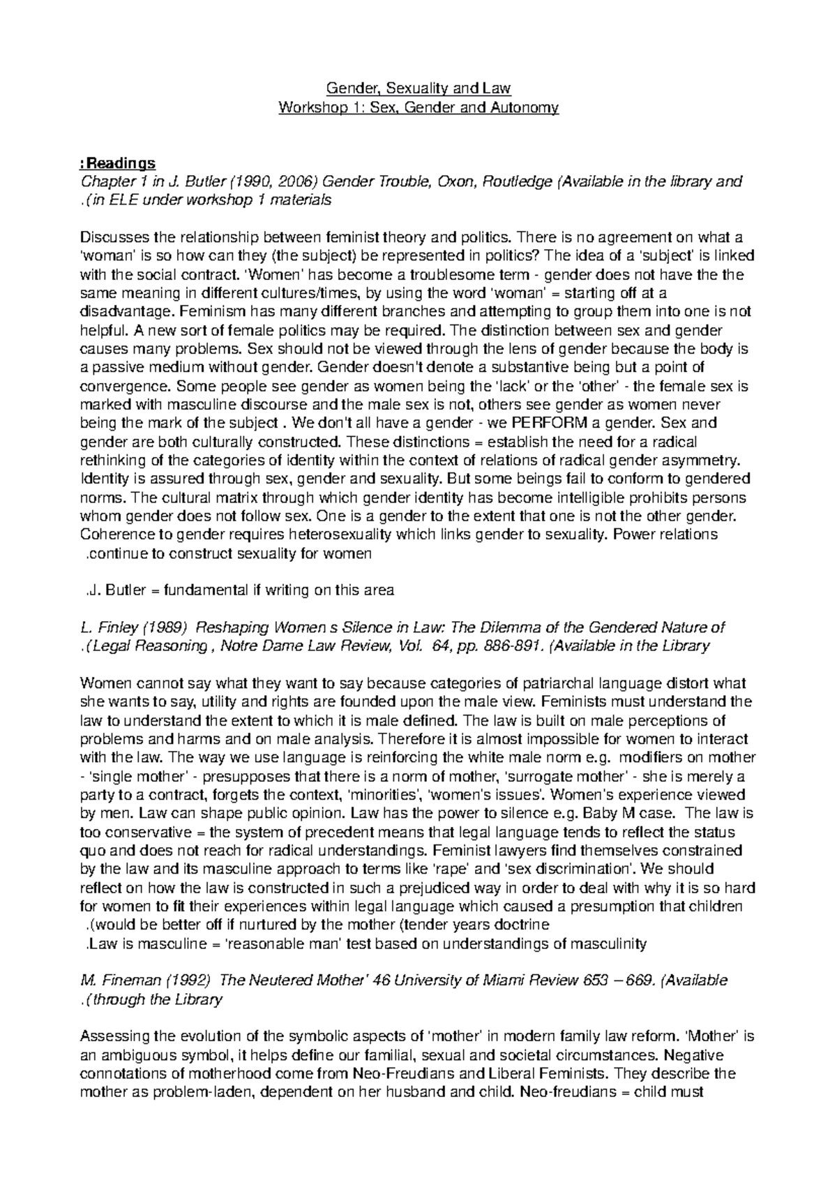 Gender Sexuality And Law Workshop 1 Sex Gender And Autonomy Gender