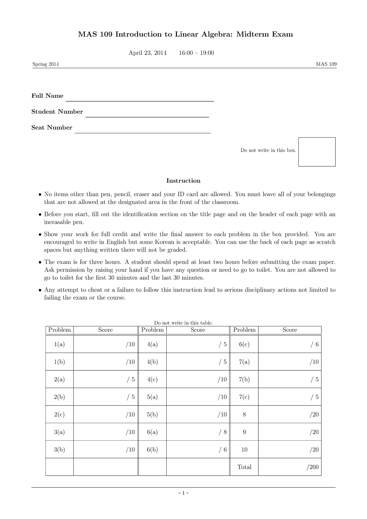 2014 S MAS109 Mid Sol - 02test02 - MAS 109 Introduction to Linear ...
