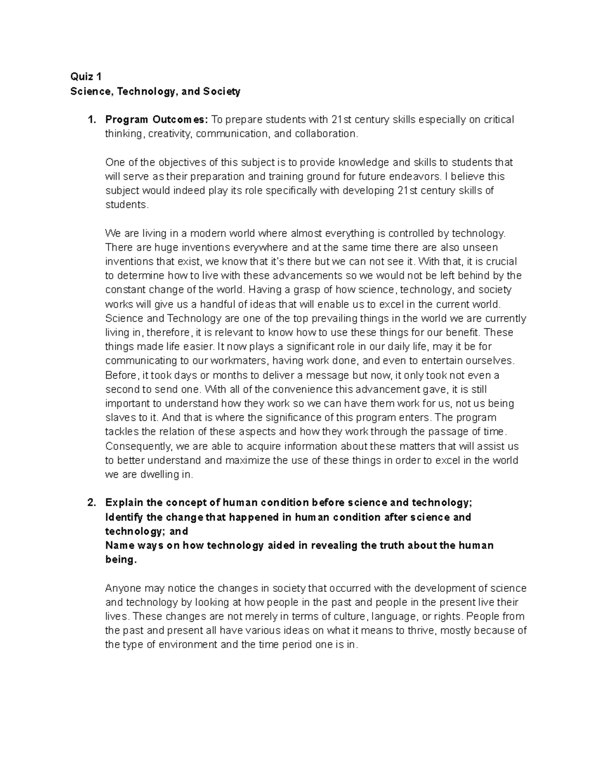 Quiz 1 STS - Reviewer - Quiz 1 Science, Technology, and Society Program ...